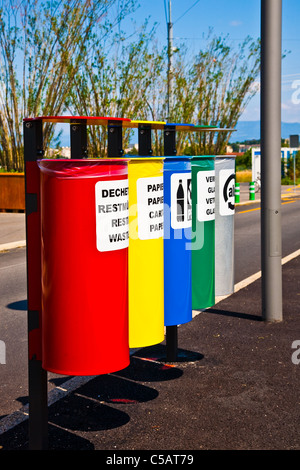 Colorful recycling containers at a tram station in Geneva, Switzerland ...