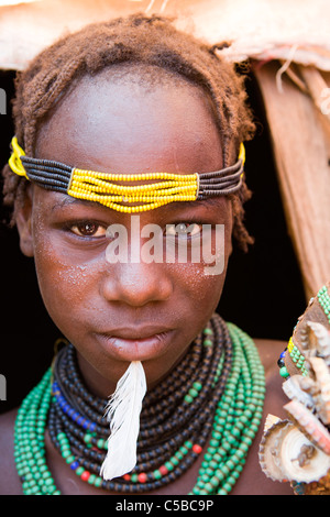 Portrait of a Dassanech / Galeb tribeswoman at a tribal village near ...