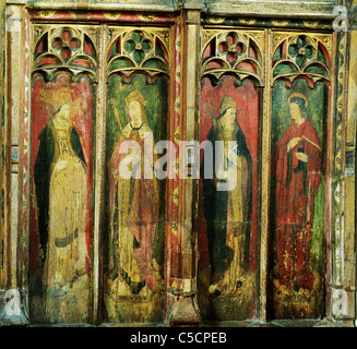 Medieval rood screen painted figures on dado Kersey Suffolk East Anglia ...