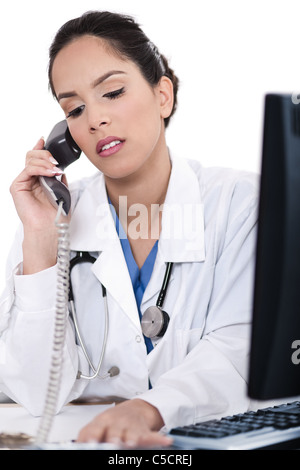 Asian female doctor on phone call consultation providing telehealth ...
