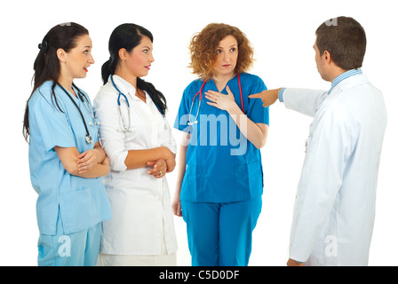 Hospital manager arguing or fired doctors against white background ...