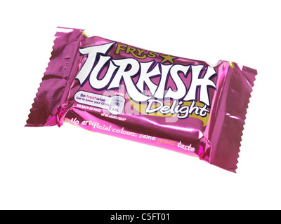 Fry's Turkish delight chocolate bar on white background with open cut ...