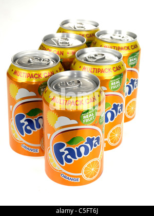 Tins Or Cans Of Branded Fizzy Fanta Orange Drinks Isolated Against A ...