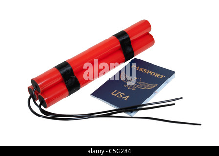 Bundle of red sticks of dynamite with long fuses with a timer alarm ...