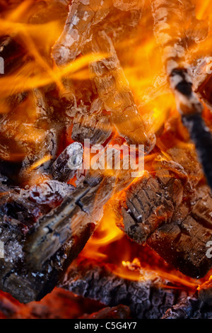 Close up of burning firewood with bright orange flames and smoke ...