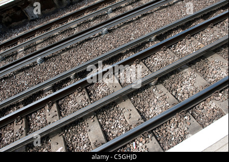 Third rail electrified railway track showing termination of electric ...