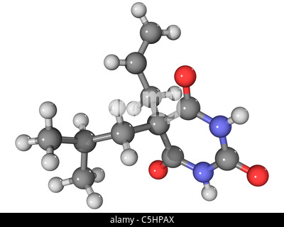 Butalbital. Molecular model of the barbiturate drug butalbital (C11.H16 ...