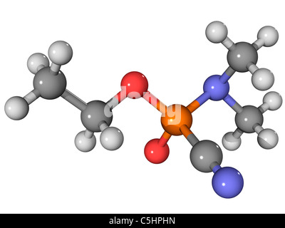 Tabun nerve agent molecule (chemical weapon). Atoms are represented as ...