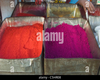 Color powder is used for religious rituals at Sangam, the confluence of ...