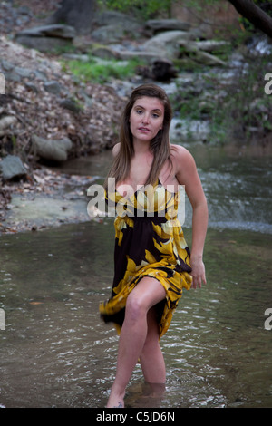 Lovely woman wading in a creek and looking at the camera Stock Photo ...