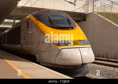 A Eurostar high speed train waits in the station at Ebbsfleet ...