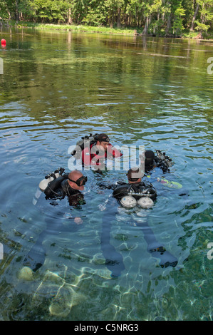 Scuba divers at Devil's Ear Spring, trees and blue sky above, Ginnie ...