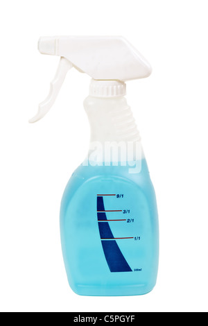 Blue window cleaning solution in a plastic container isolated on white ...