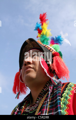 BOLIVIA. Native Aymara and Quechua dancer with traditional costume at a ...