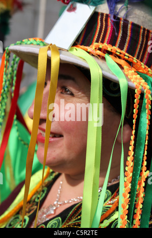 BOLIVIA. Native Aymara and Quechua dancer with traditional costume at a ...