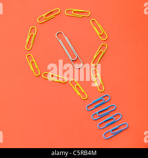Colored paper clip, an idea light bulb isolated on white background ...