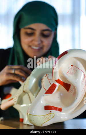 Female audiology and deafness student looking into the ear of another ...