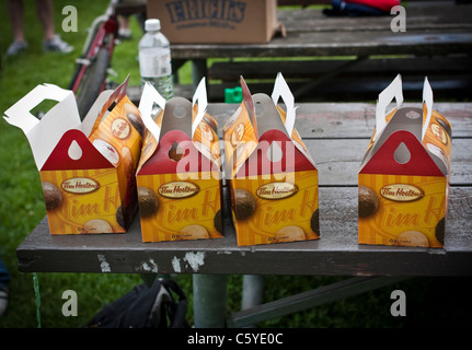 Tim Horton's Timbits boxes (10 pack) at a picnic table Stock Photo - Alamy