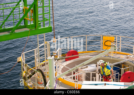 A transition piece is fitted to a monopile on the Walney offshore wind ...