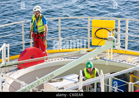 A transition piece is fitted to a monopile on the Walney offshore wind ...
