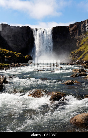 Gufufoss waterfall above the village of Seydisfjordur, Eastern Fjords ...