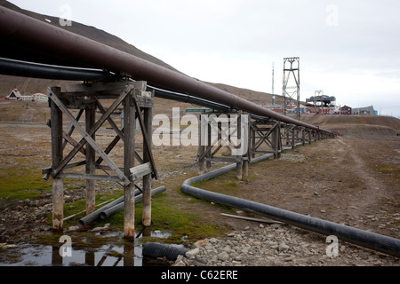 Utility pipes on raised covered platforms running above the ground at ...