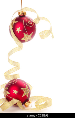 Christmas decoration, Gold ribbon isolated on white background, close ...