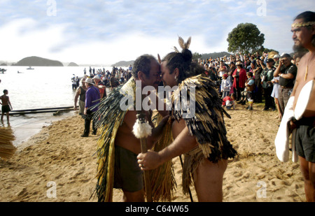 A New Zealand Maori indigenous men in native costume performs the kapa ...
