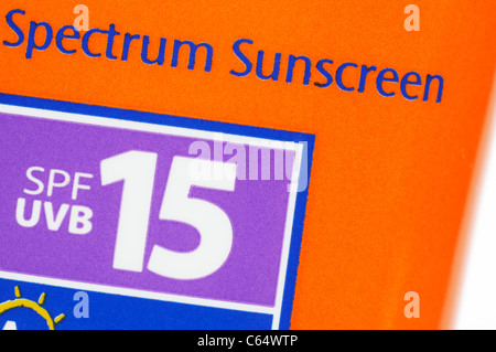 SPF 15 sunscreen label close-up Stock Photo - Alamy