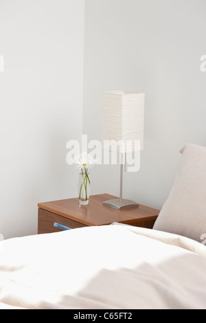 New clean bed, table, lamp, vintage beach theme decorative blue green ...