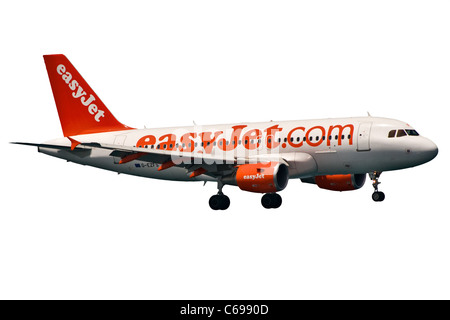 Side view of white passenger plane with two rows of windows and blue ...