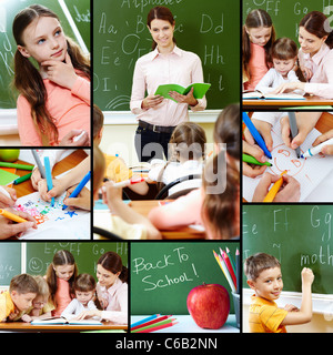Collage of pupils and their teacher in classroom at lesson Stock Photo ...