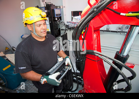 A worker commissioning a wind turbine on the Walney offshore wind farm ...