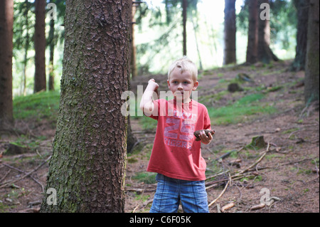 Child blond boy throwing cone in forest - cones battle Stock Photo - Alamy