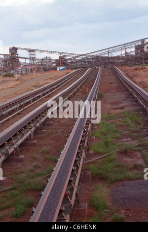 Conveyor belts carrying crushed ore towards a railway loading terminal ...