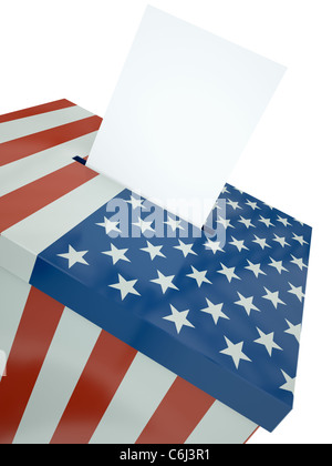 Inserting US American flag voting envelope in white ballot box on blue ...