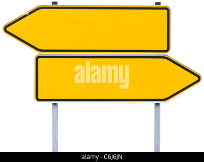 Yellow German arrow road sign pointing to left and saying "route ...