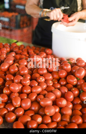 A person holds a ripe red tomato in their hand. The setting is a garden ...