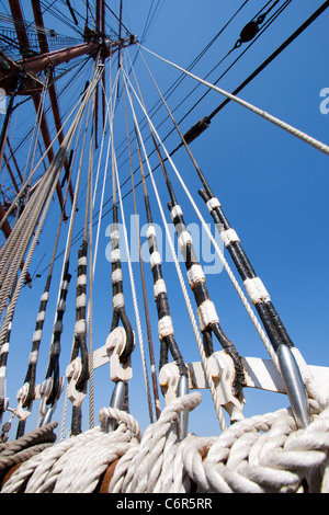 The mast of old ship with sail and ladder made of rope Stock Photo - Alamy