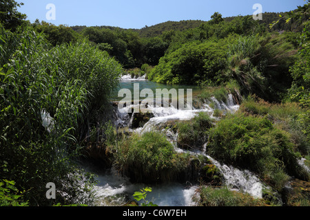 A waterfall in the Krka National Park on a cold autumn day in Croatia ...