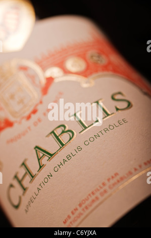 Chablis wine bottle label closeup Stock Photo - Alamy