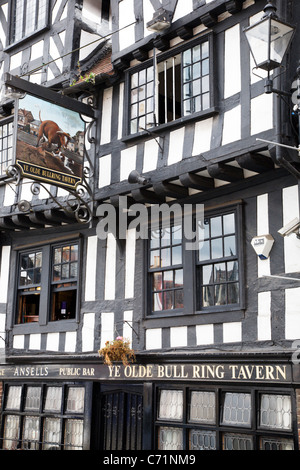 Tudor buildings of a medieval inn, the Bull Ring Tavern, in Ludlow ...