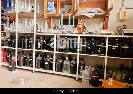 Chemicals on the shelves of a school chemistry laboratory Stock Photo ...
