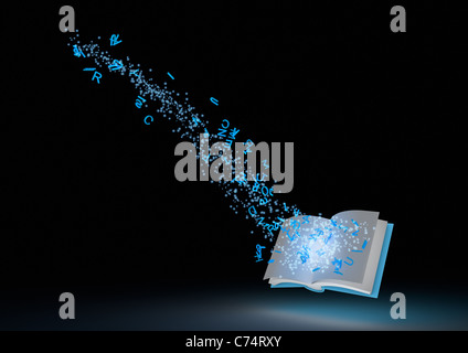 Open book with floating letters. 3D illustration Stock Photo - Alamy