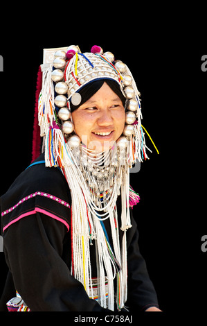 Ethnic Akha people wearing traditional clothes in tribal village near ...