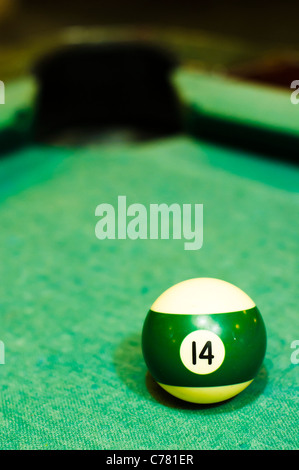 Green stripe number fourteen pool ball on a white background ...