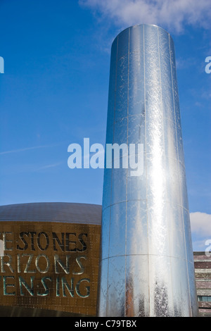 Water tower sculpture in Cardiff Bay, Wales UK. Metallic waterfall ...