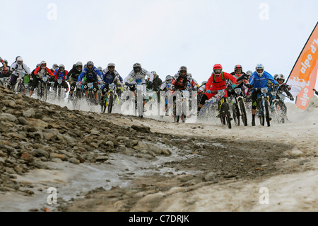 The start of the Megavalanche mountain bike race at the top of Pic ...