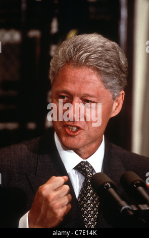 U.S. President Bill Clinton discusses the budget with the media in the ...
