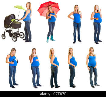 Collage of young pregnant woman at different stages of pregnancy ...